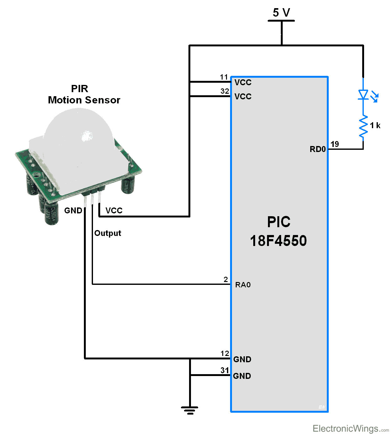 PIR Motion Sensor Interface with PIC18F4550 - ElectronicWings PIR Motion Sensor Interface with PIC18F4550 - ElectronicWings